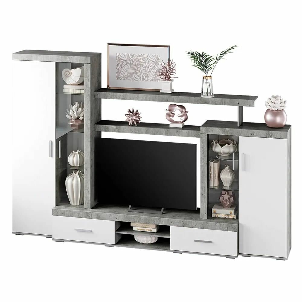 Стенка для гостиной "Инстайл" ЦС-02 бетон/белый (Мебелони)