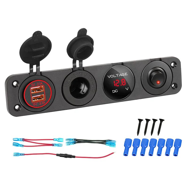 Панель морская 4 в 1: USB, розетка, вольтметр, кнопка, Red set with wire