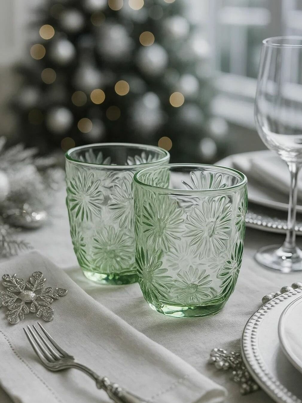 Стаканы подарочный набор цветные, зеленые 2 шт, 300 мл, с рисунком. Упрочненное цветное стекло.