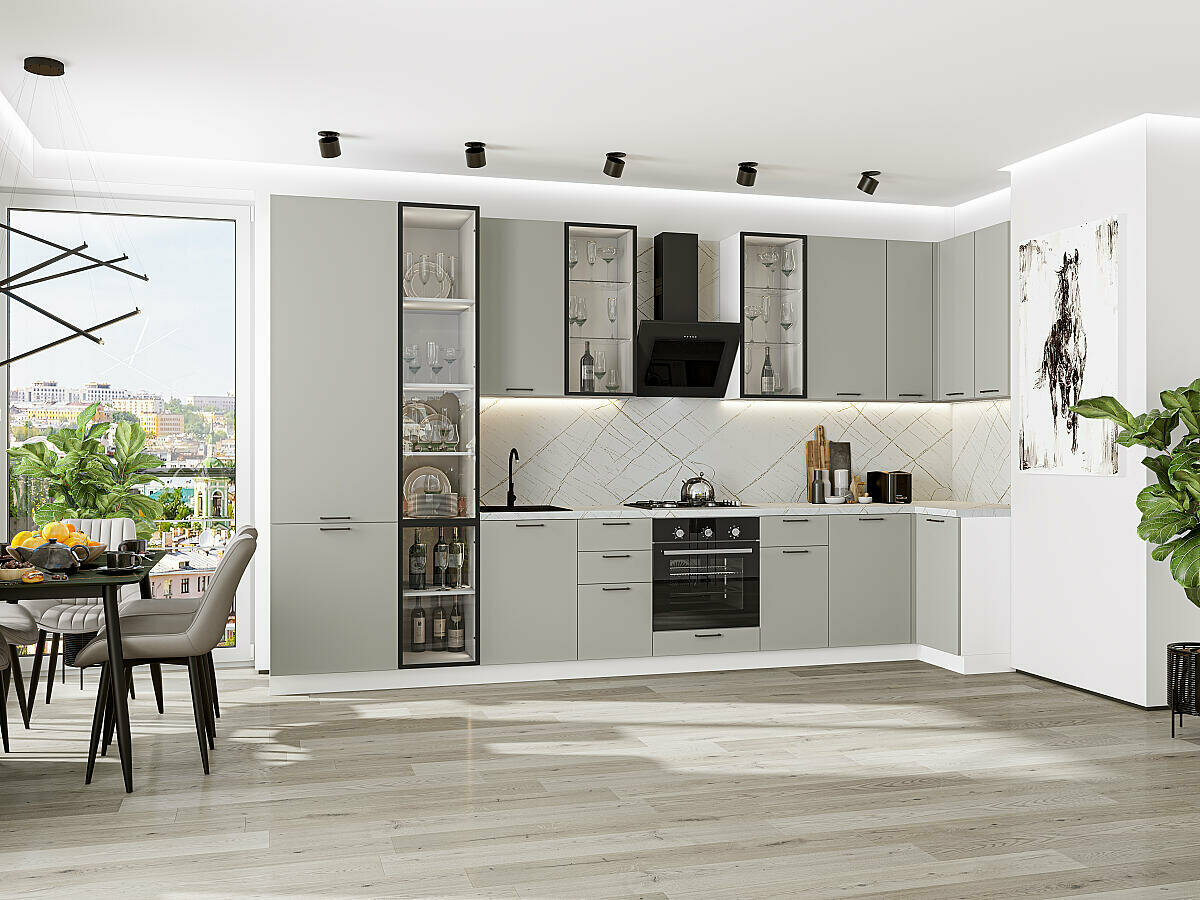 Кухня 4 м. угловая Флэт-05 Готовый кухонный гарнитур полки стекло 2340*4000-1000*600 Light Grey In 2S