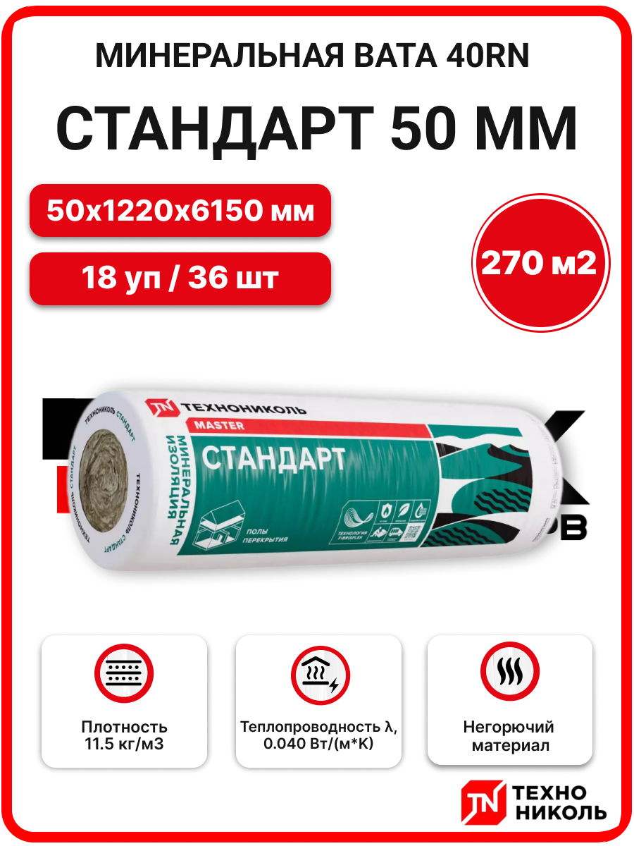 Технониколь 40RN Стандарт 50 мм (18 уп / 270 м2 / 36 шт) минеральная вата на основе стекловолокна