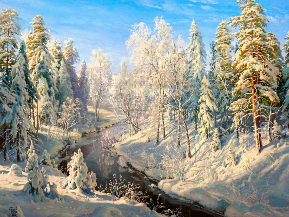 Картина по номерам на холсте с подрамником 40х50 Зимняя река (худ. Басов С.) Природа Пейзаж Иней