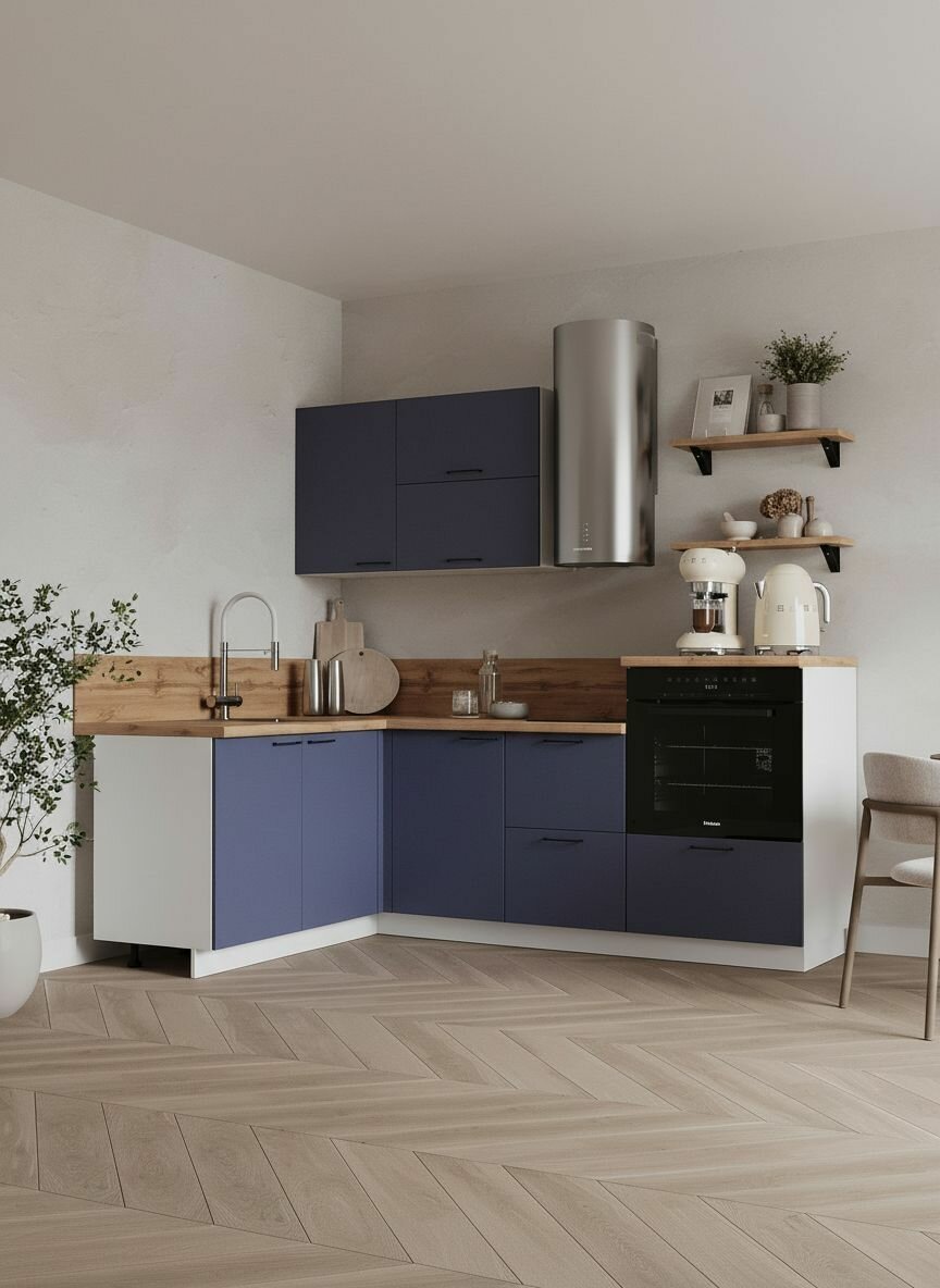 ARNIKA Кухонный гарнитур со столешницей "Дакия" угловой 1,5м*2,1м (без пм) , цвет ежевика (синий), фасад пленка ПВХ