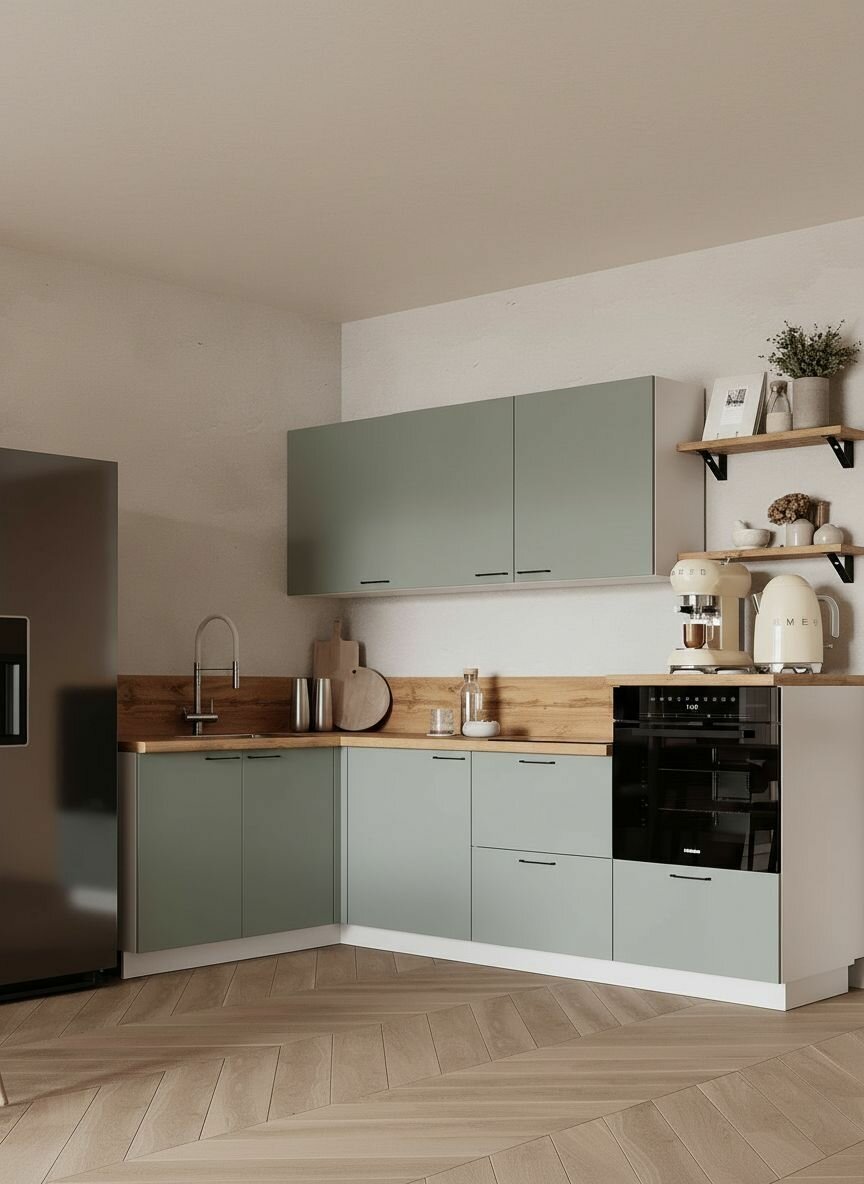 ARNIKA Кухонный гарнитур со столешницей "Дакия" угловой 1,5мх2,4м (без пм) цвет олива (зеленый), фасад Эмаль