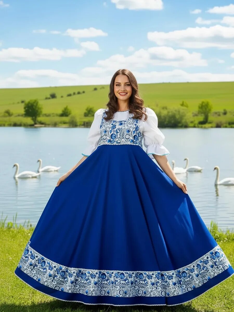 Русский народный костюм женский сарафан Мария гжель синий, 48-50