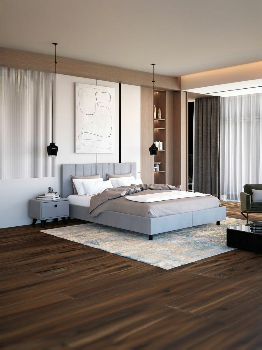 Двуспальная кровать "Наоми" 140х200см, встроенное ортопедическое основание, без подъемного механизма в ткани микровелюр серый