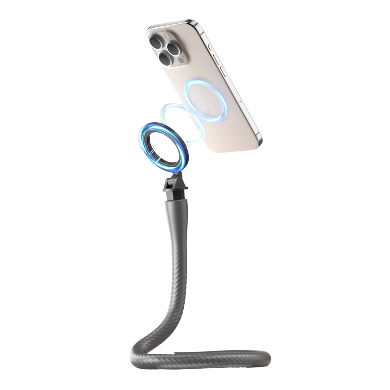 Гибкий магнитный держатель для телефона Twist Mount с изгибаемым плечом, грузоподъемностью 300 г, с винтом 1/4 дюйма, для 15/14/13/12 Series, черный/серый, длина 23.62 дюйма, комплект: 1 держатель, 1 магнитное кольцо, 2 магнитные листы, 1 ремень