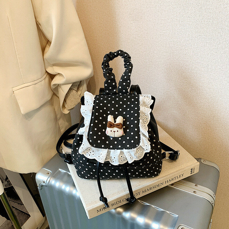 Мини рюкзак в горошек с шнурком для школы и отдыха trendy, черный