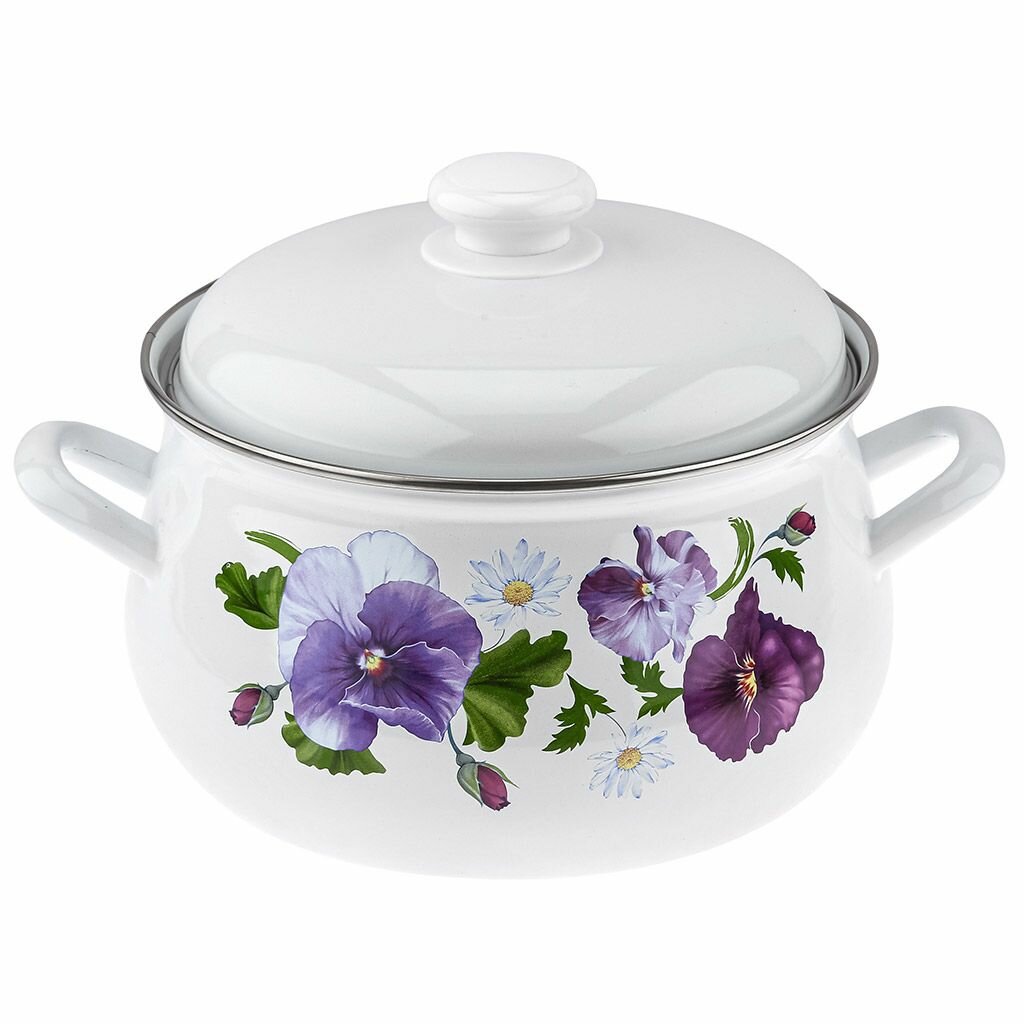 Кастрюля Лысьвенские эмали "Анютины глазки", эмалированная, 4,5 л, диаметр 25 см, высота 35 см, форма грушевидная, металлическая крышка (С-3915АП2/4)