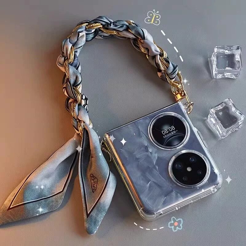 Huawei P50 Pocket S Прозрачный противоударный чехол с жемчужной цепочкой цвета вулканической пепелицы для складного