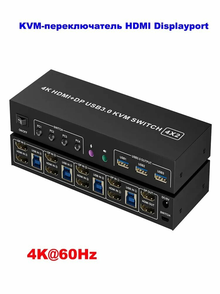 KVM-переключатель HDMI Displayport, 2 монитора, 4 компьютера