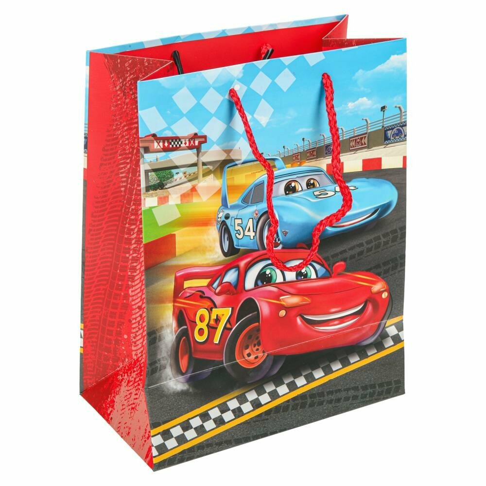Пакет подарочный для детей "Тачки" 18х10х23 см с аппликацией