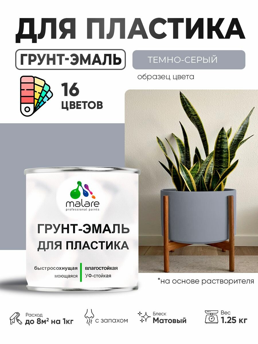 Грунт-Эмаль, Краска Malare 3 в 1 для пластика, окон и подоконников, сайдинга, быстросохнущая, матовый, темно-серый, 1,25 кг.