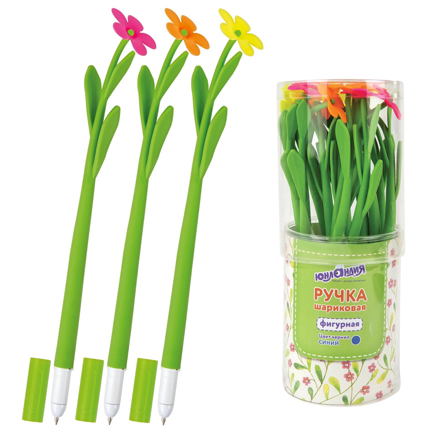 Ручка фигурная шариковая юнландия "Цветочек", мягкий силиконовый корпус, ассорти, синяя, пишущий узел 0,7 мм, 143779 (цена только за 1 шт.)
