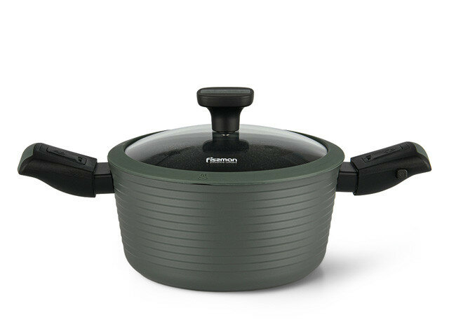 14381 FISSMAN Кастрюля BRILLIANT 20x10см / 2,6л со съемными ручками и стеклянной крышкой (алюминий с антипригарным покрытием XylanPlus) Ручки-бакелит с силиконовой вставкой; Крышка-стекло с силиконовым ободком; Индукция