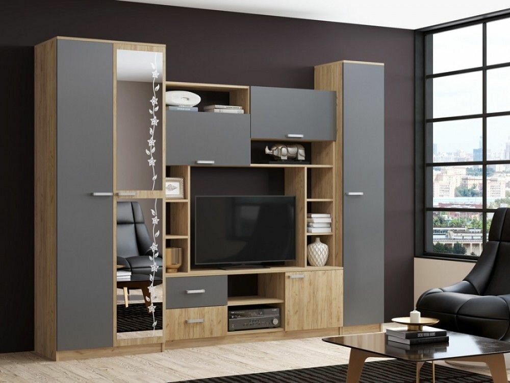 Гостиная Флора-4 ЛДСП дуб крафт золотой/графит (Регион 058)