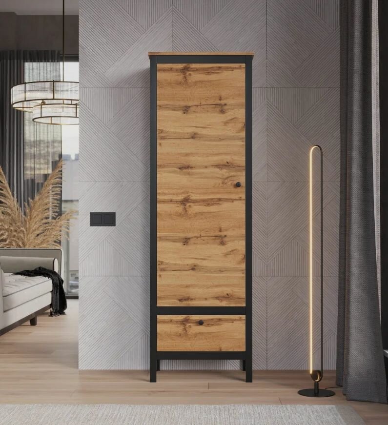 Шкаф БРВ-Мебель Loft REG1D1S, ЛДСП, матовый, однодверный, черный/дуб вотан