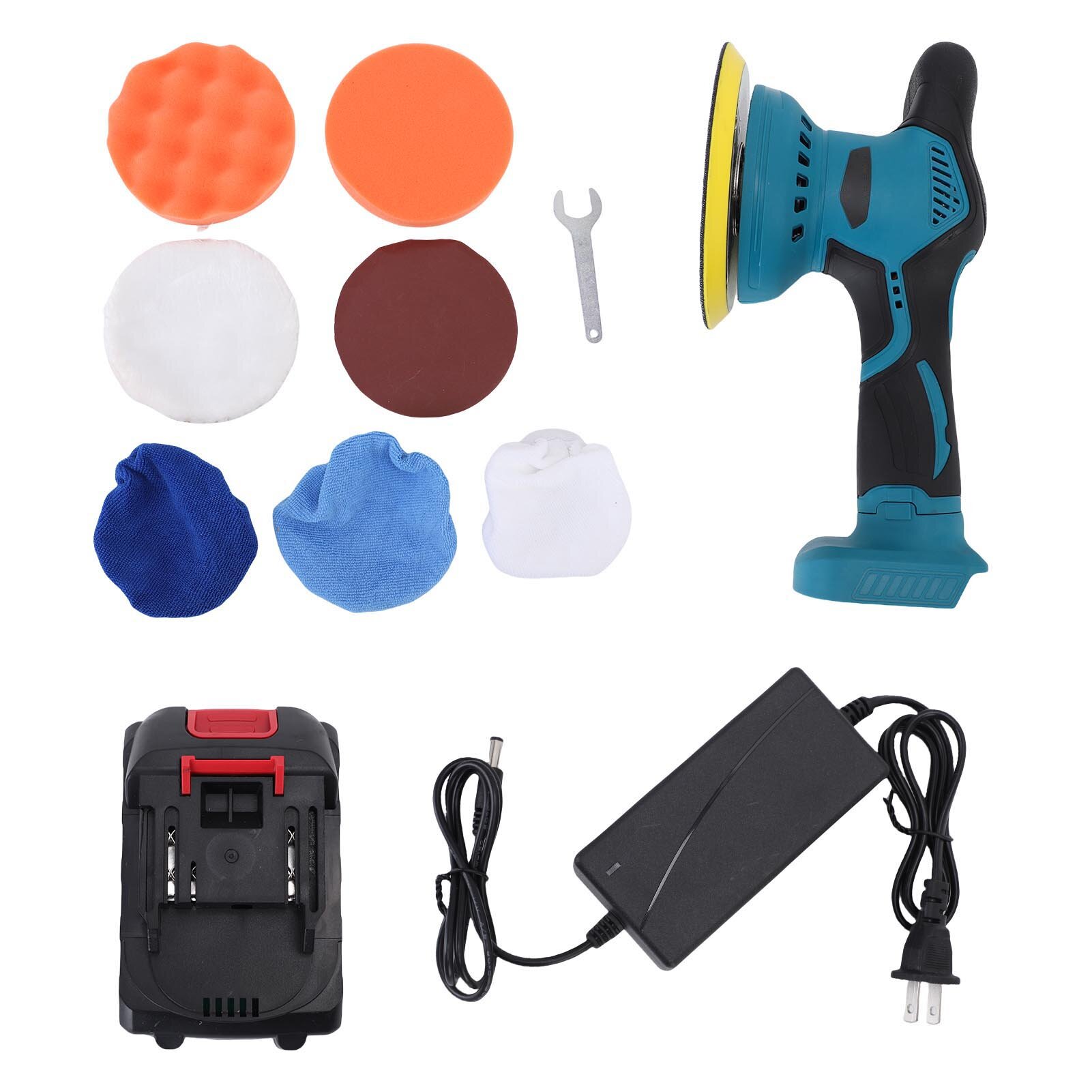 Беспроводная автомобильная полировальная машинка с аккумулятором, 8 скоростей, 5500 об/мин, орбитальная шлифовальная головка 6 дюймов, комплект для детейлинга с аккумулятором 1300 мАч для нанесения воска и полировки, вилка стандарта США 100–240 В.