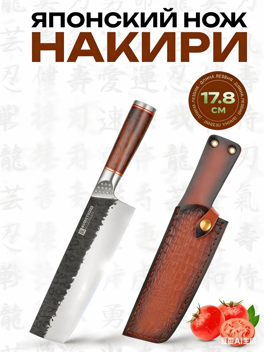 Kimatsugi / Японский кухонный нож Накири PRO. Нержавеющая сталь AUS-8. Длина лезвия 17,8 см. Кожаные ножны в комплекте.