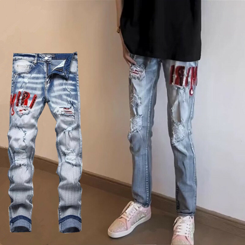 Тренд RONG CH Мужские Джинсы Весна Винтаж Печать Потертые Слим Стрейт Деним, Размер_3XL