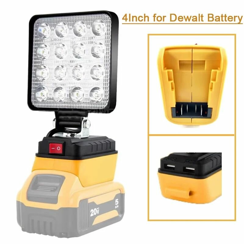 Портативный фонарик 4 дюйма, 48 Вт, 3000 лм, совместимый с аккумулятором Dewalt 18 В, аварийный рабочий фонарь для кемпинга с USB-портом