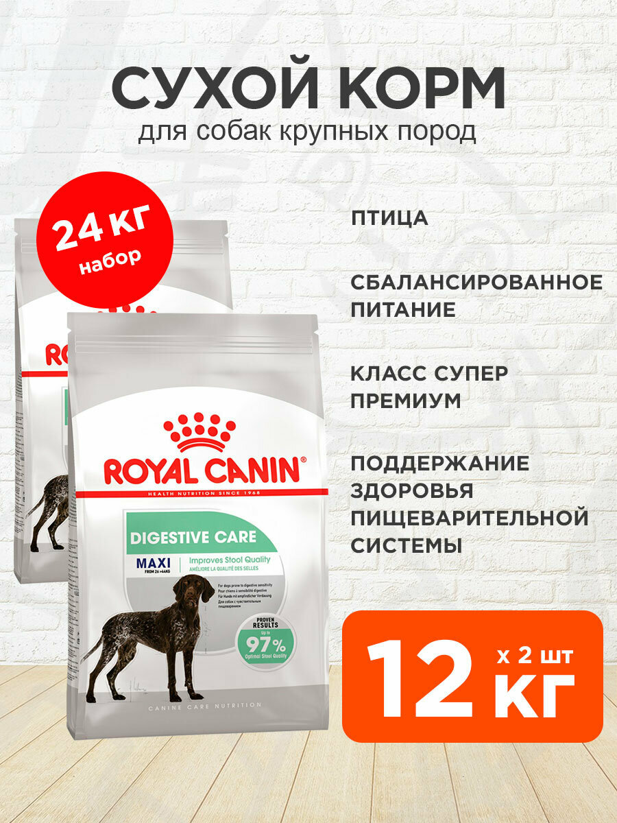 Корм сухой Royal Canin Maxi Digestive Care для взрослых собак крупных пород для поддержания здоровья пищеварительной системы, 12 кг х 2 шт