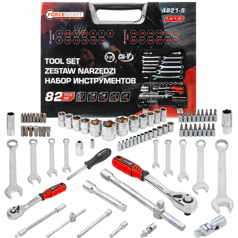 Набор инструментов Forcekraft 82 пр. 1/2", 1/4" 6гр, 4-32 мм Profi 16212 FK-4821-5(16212)