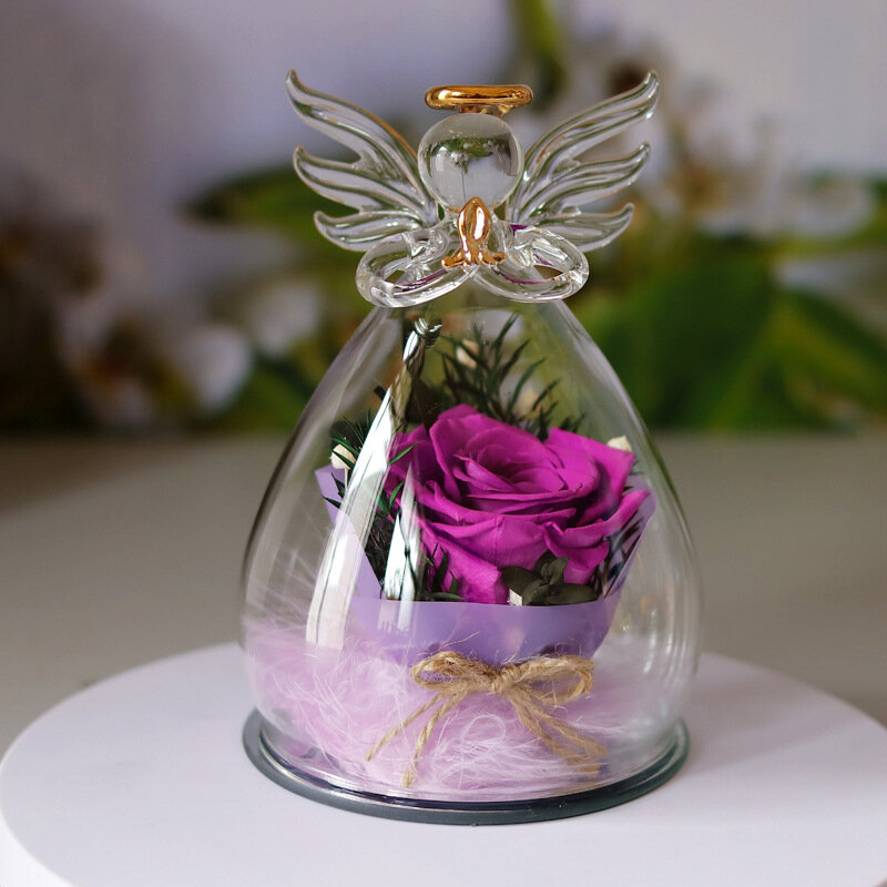 Вечный цветок из источника за границей, готовый вечный цветок, ангел, стеклянная крышка, букет роз, подарок на Рождество и День святого Валентина