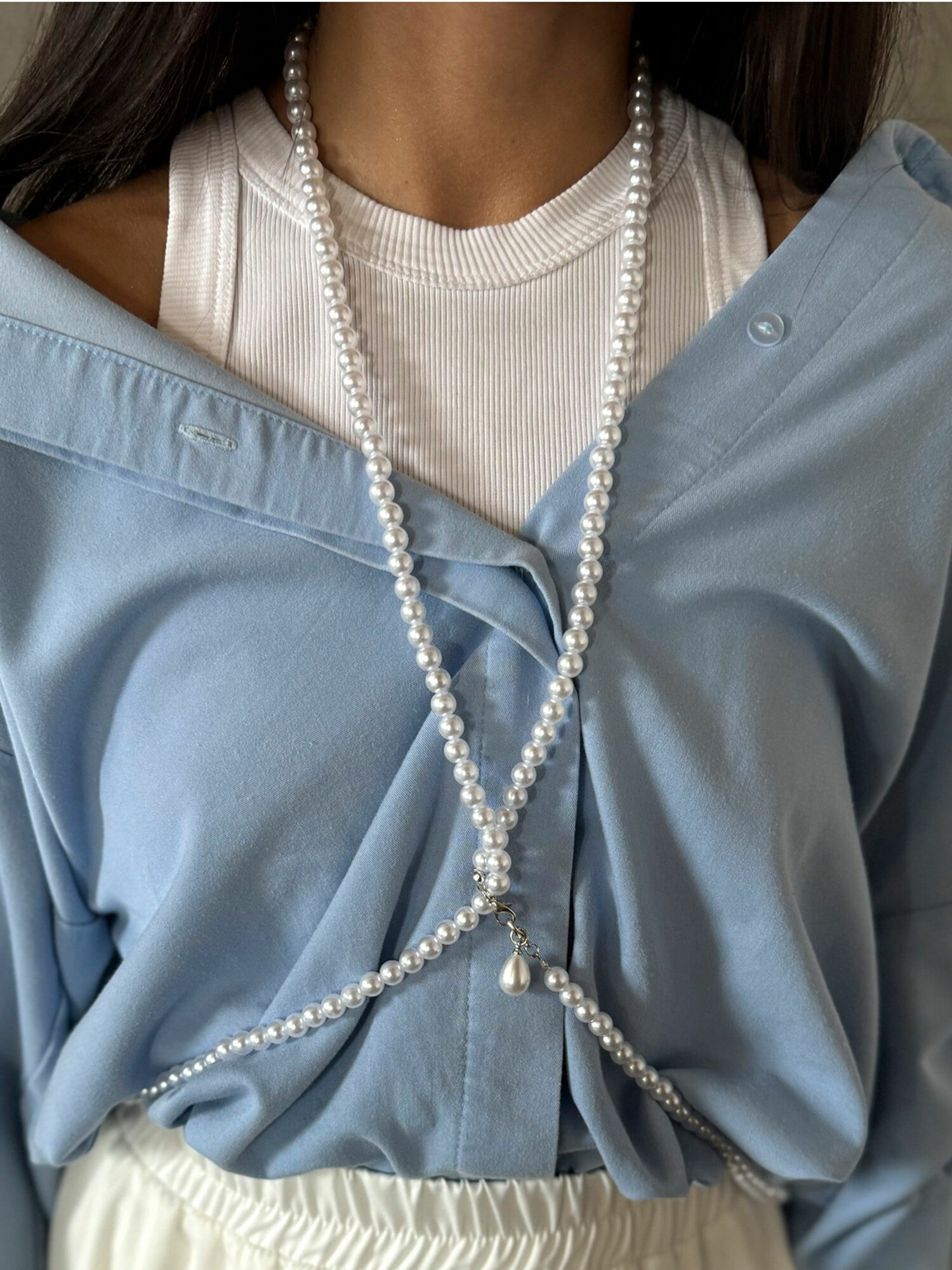 Портупея женская "Бусина" жемчужная капля, цвет белый в серебре, 162 см