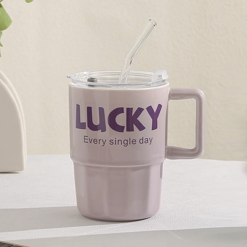 Керамическая кружка для воды, кружка с трубочкой, домашняя кружка с крышкой, офисная кружка для кофе, кружка для молока и сока, креативная кружка для пар, мужская кружка.