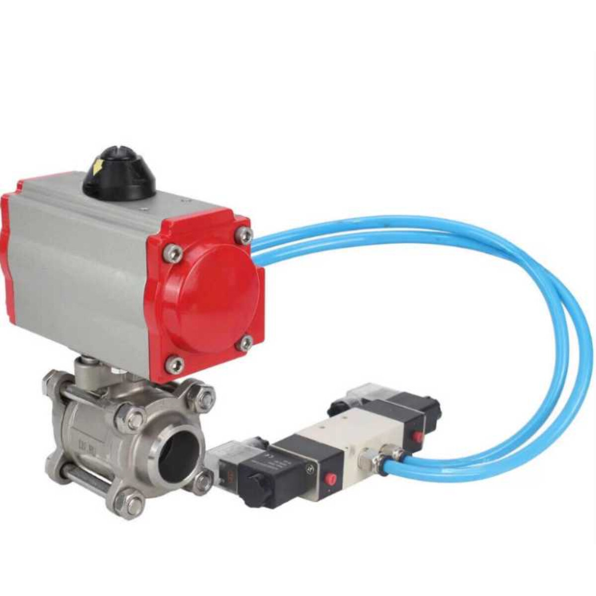 Кран шаровой DN.ru 316-316-PTFE-FP-W-ISO-H WDVF Ду20 Ру63 полнопроходной, трехсоставной, корпус - нержавеющая сталь 316, уплотнение - PTFE, под приварку, с пневмоприводом SA-065, пневмораспределителем PND1-S2EM-52-2-T10-220VAC