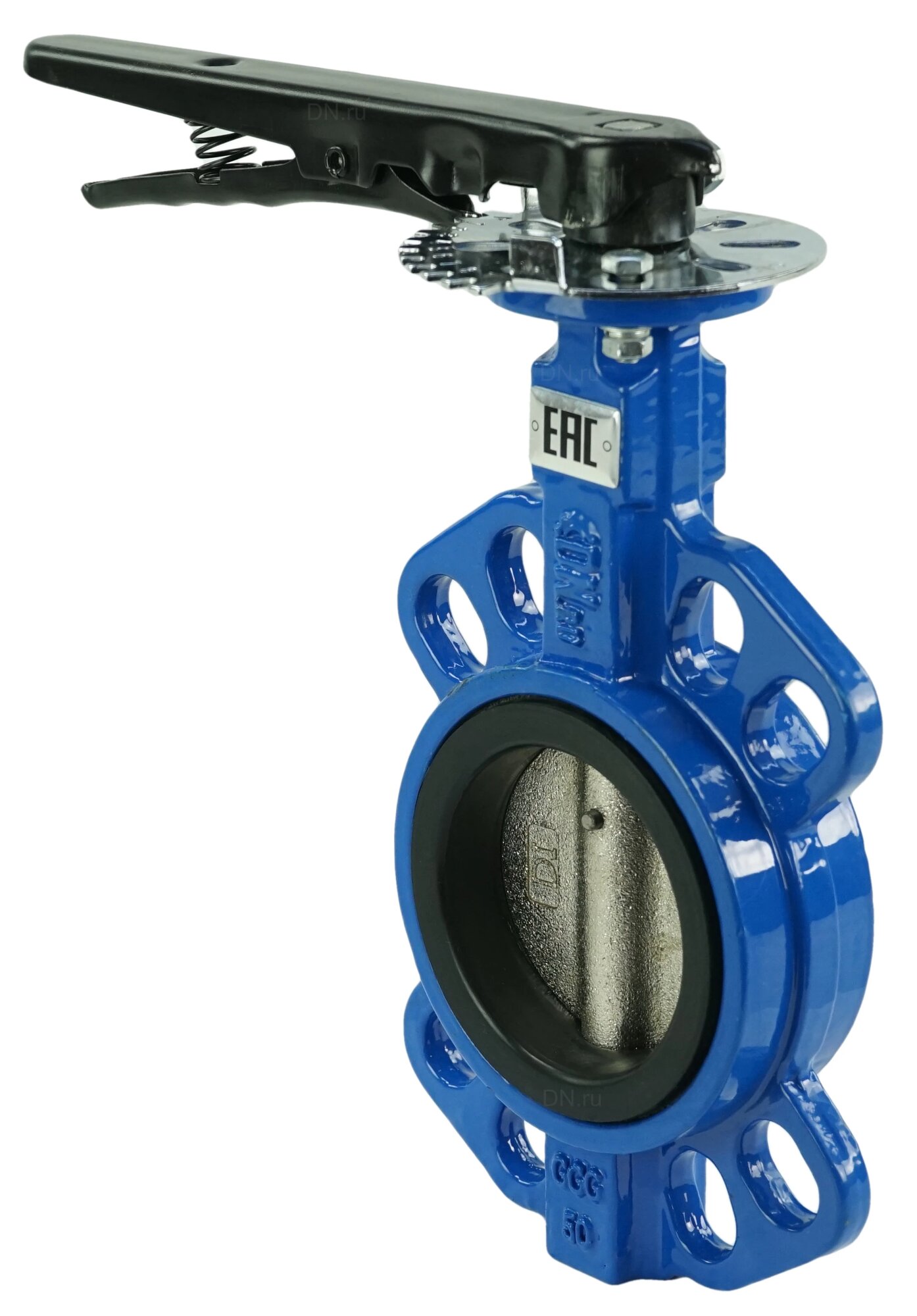 Затвор дисковый поворотный DN.ru GGG50-GGG40 Ду100 Ру16 межфланцевый, корпус - чугун GGG50, диск - чугун GGG40, уплотнение - EPDM, до 120°C, ISO 5211 F07, с рукояткой, шток 11х11