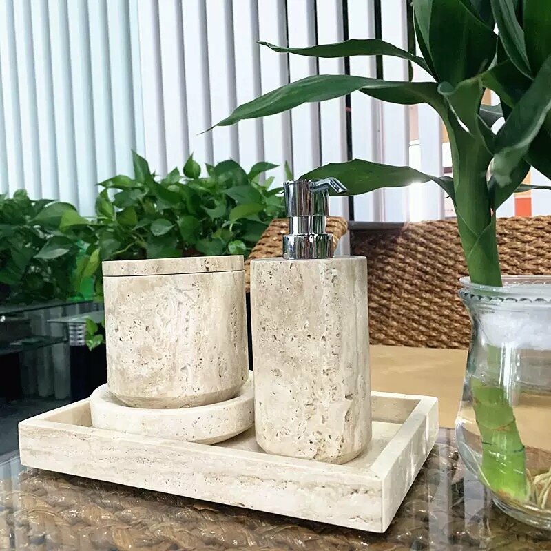 Мыльница из натурального мрамора, декоративные предметы, набор из 4 предметов, включая поднос