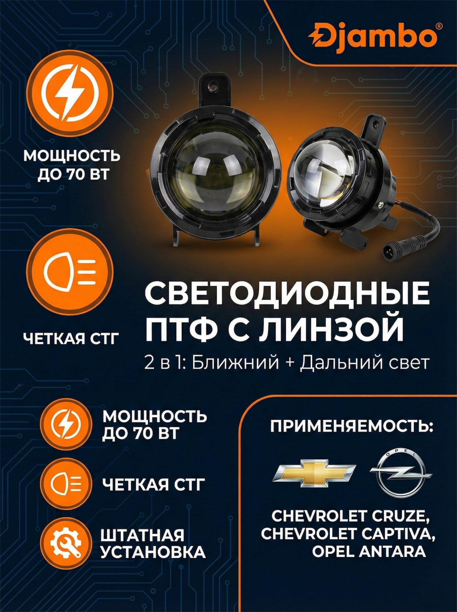 Двухрежимные светодиодные ПТФ с линзой для Chevrolet и Opel