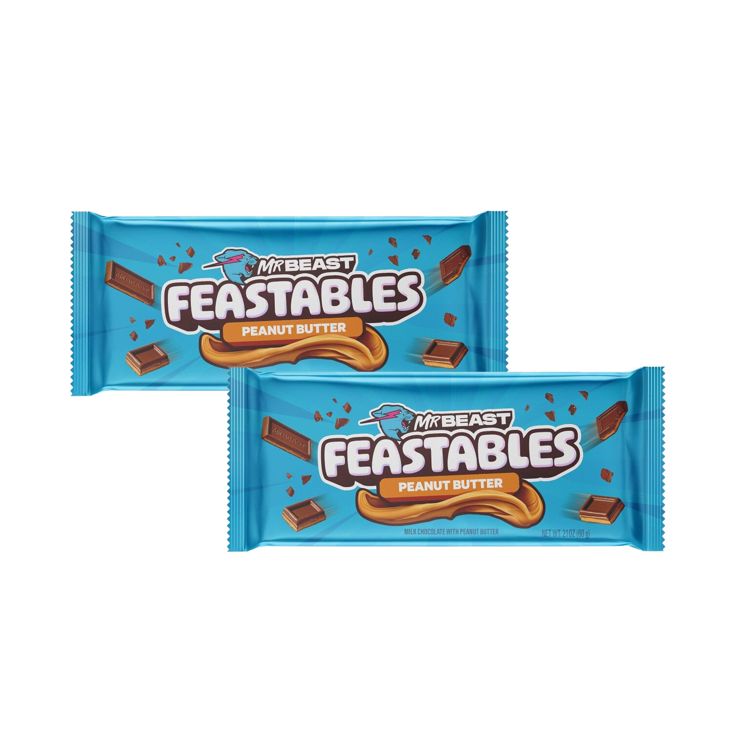 Шоколадная плитка Mr. Beast Feastables Peanut butter / Шоколад Мистер Бист арахисовая паста (США), 2 шт. по 60 грамм