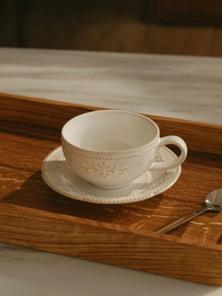 Чайная пара, фарфор, чашка и блюдце для чая, цвет белый с узором,