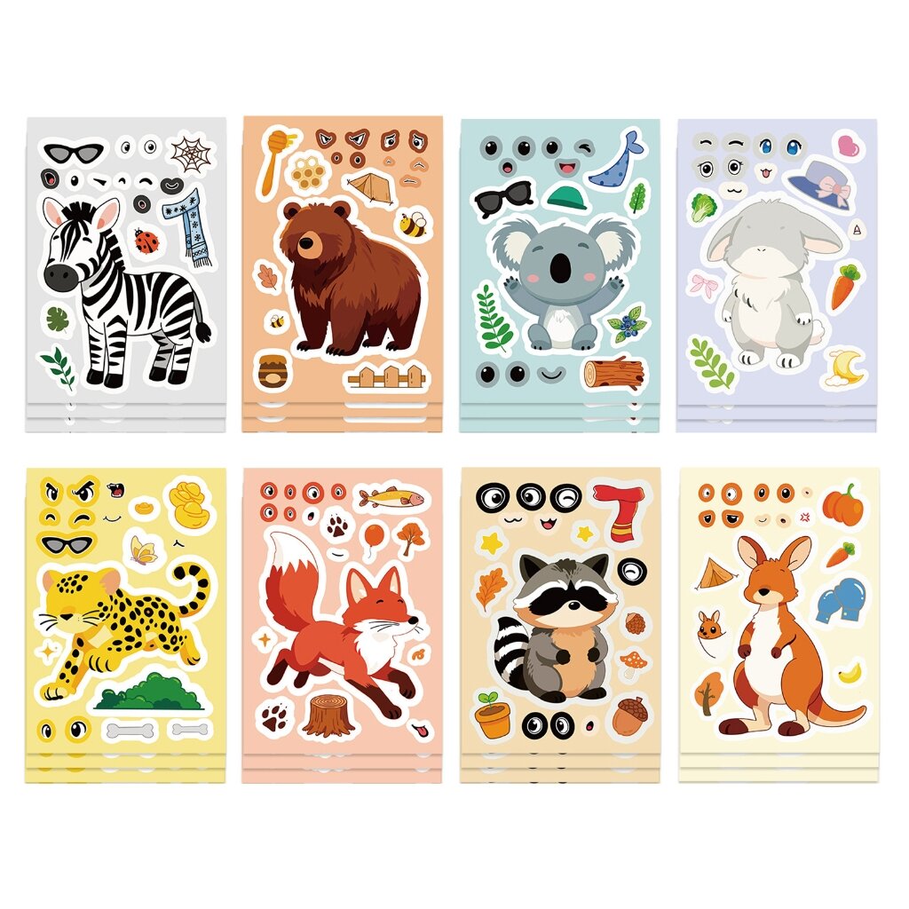 Creative Animal Face Stickers For Kids Art Projects 24PCS PVC Stickers With Accessories And Pattern