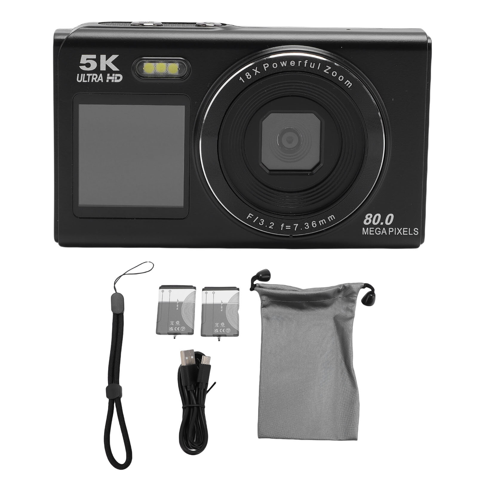 Цифровая камера 5K для фотографии, 80MP HD, Wi-Fi, 18-кратный цифровой зум, автофокус, цифровая камера с двумя экранами для подростков, начинающих, черная