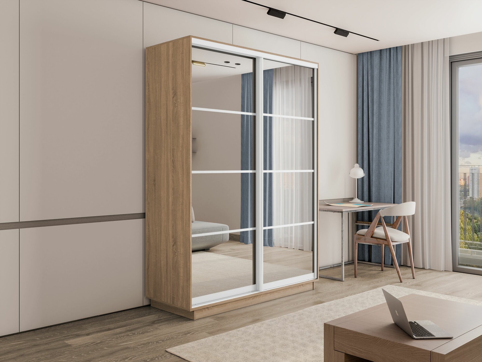 Шкаф-купе Вилли С4 2-х дверный, зеркальные двери, (белый профиль) 120х60х220 см. Сонома