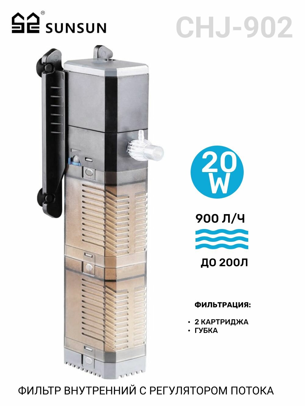 Фильтр внутренний с регулятором потока, 20W (900л/ч, акв. до 200л) керамическая ось, 2 картриджа губка