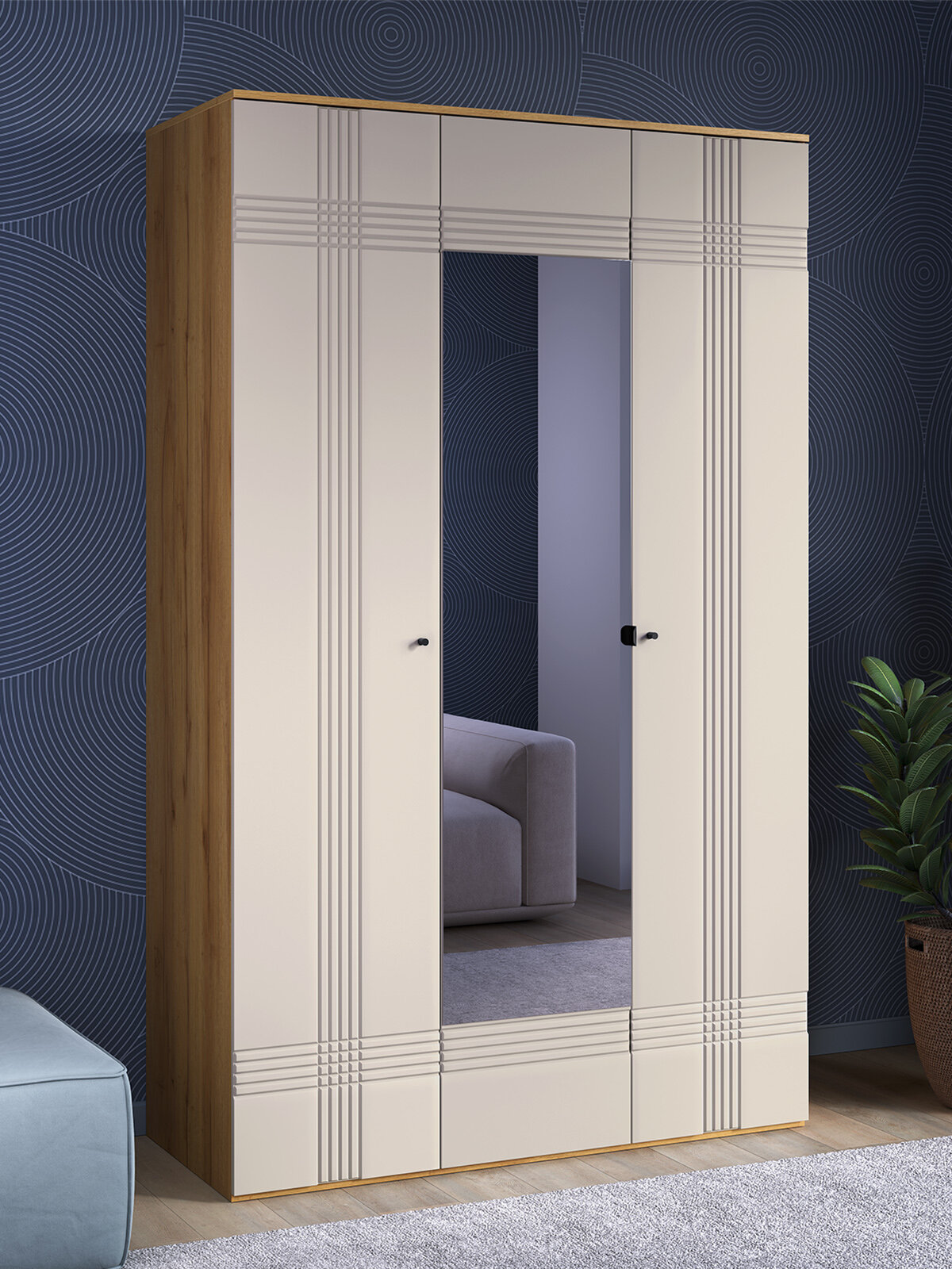 Шкаф распашной Кураж Вега Саксония 135х221,6х57,4 см трехдверный с зеркалом, белый