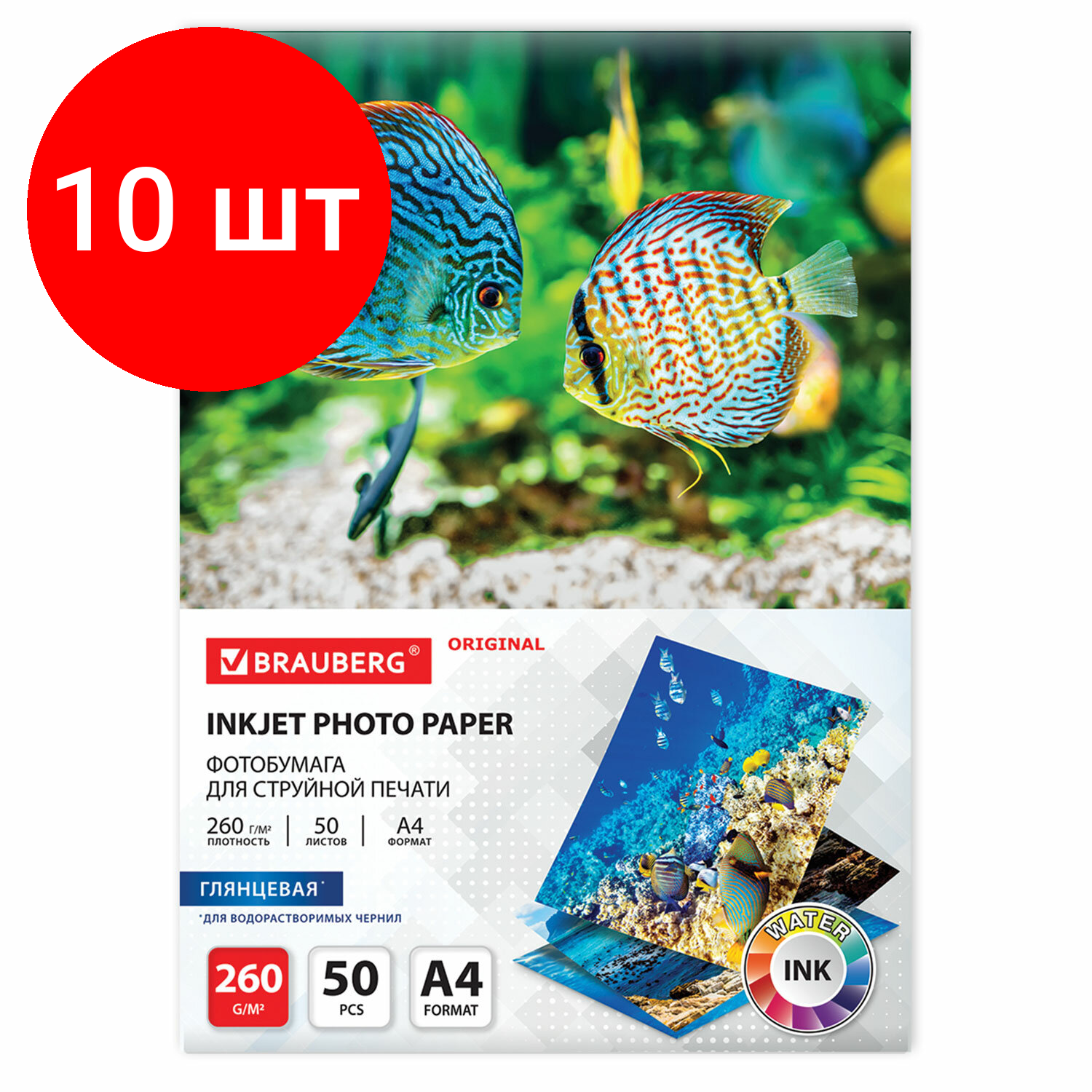 Комплект 10 шт, Фотобумага глянцевая, А4, 260 г/м2, односторонняя, 50 листов, BRAUBERG ORIGINAL, 363992