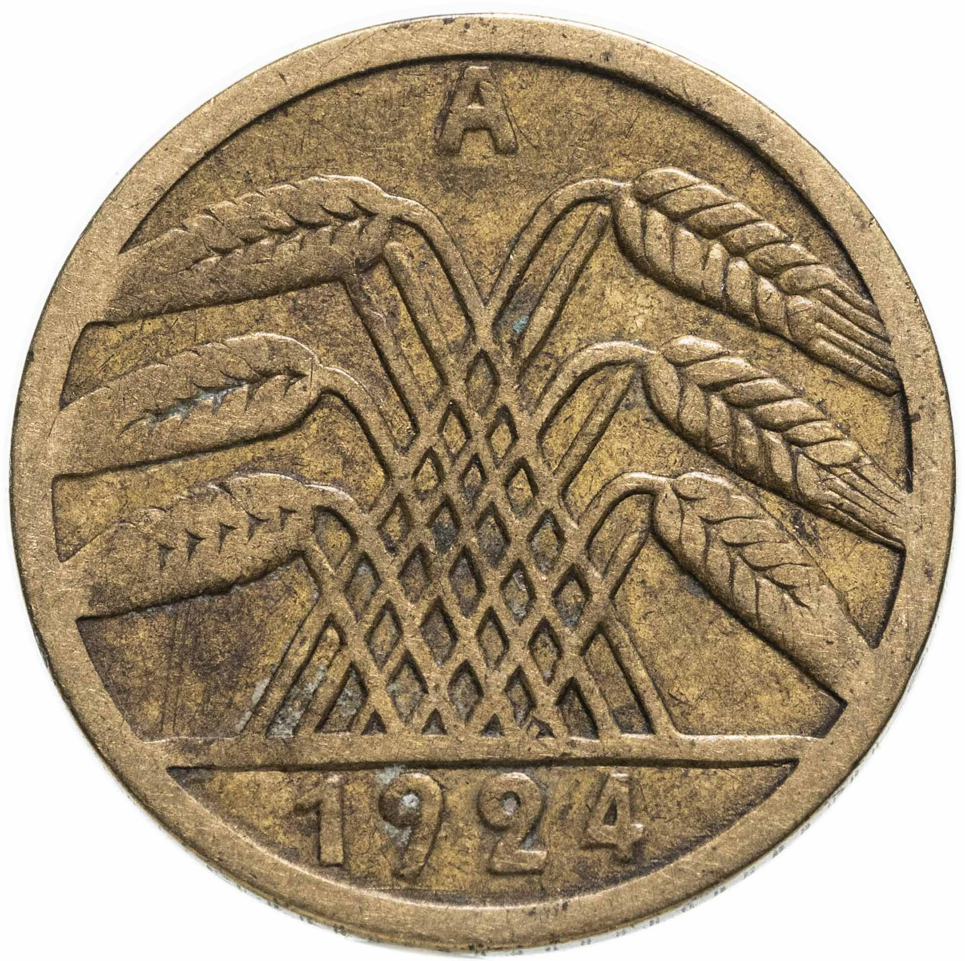 Германия 5 пфеннигов рентенпфеннигов, rentenpfennig 1924 A знак монетного двора "A" — Берлин, Бронза, в сохранности VF