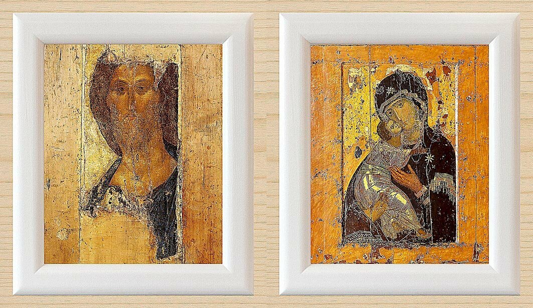 Венчальная пара "Спас Вседержитель (Андрей Рублев, 1410 г) - Владимирская икона Божией Матери (XII в)", две иконы в широких белых деревянных рамках 19*22,5 см