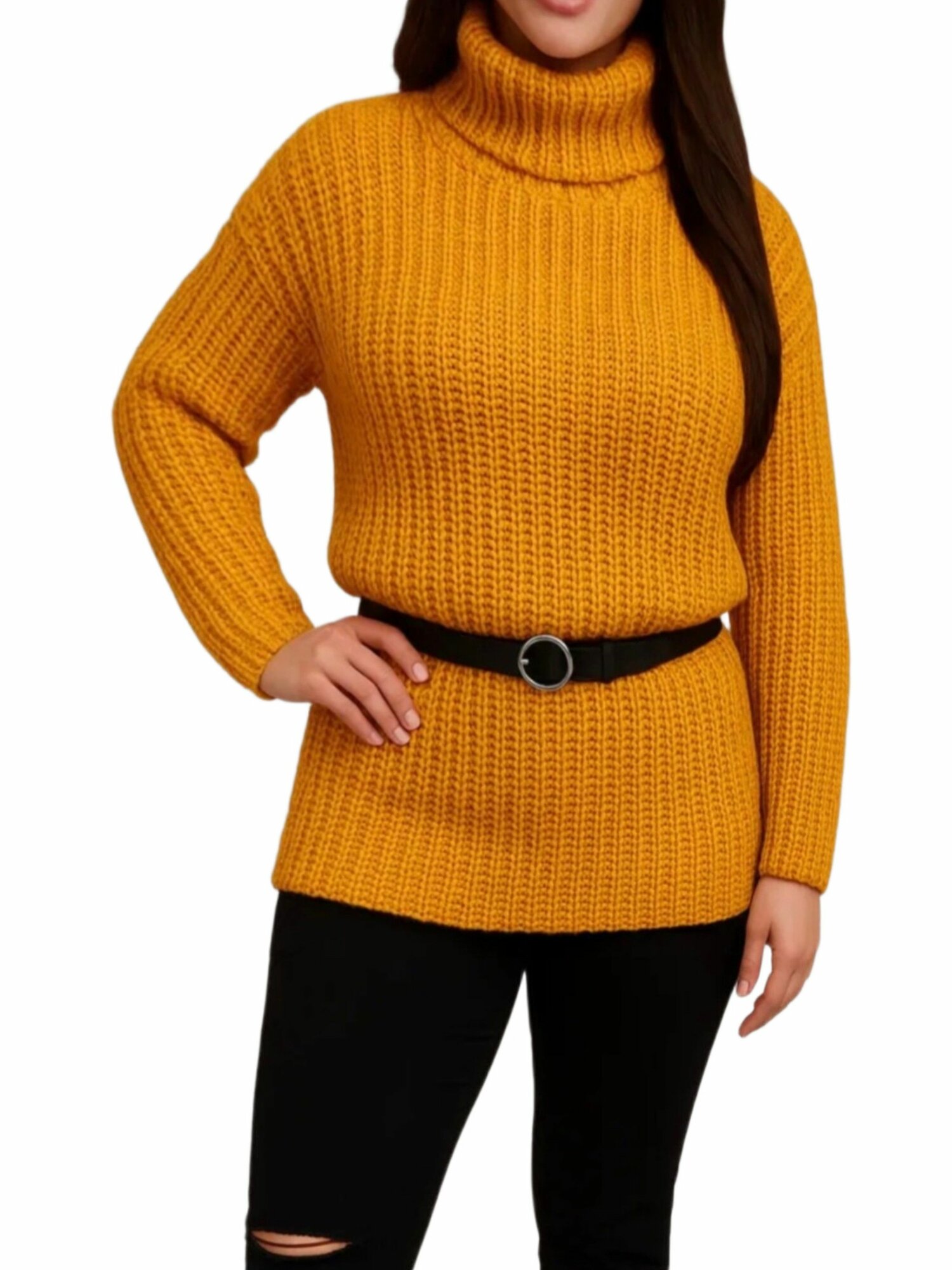 Свитер  вязаный крупной вязки теплый удлиненный шерстяной с горлом