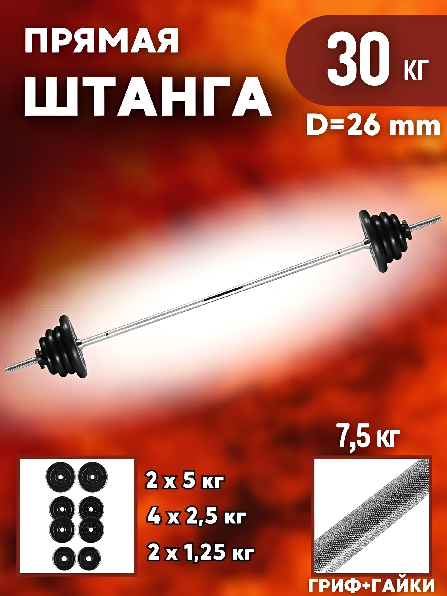 Штанга прямая MB Barbell - 30 кг, D-26mm, стальной гриф + обрезиненные диски.