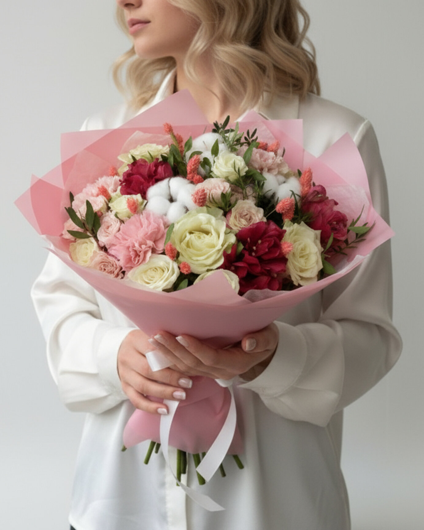 Букет "Розовое Шампанское", с сухоцветами, розами, хлопком, высота 40см