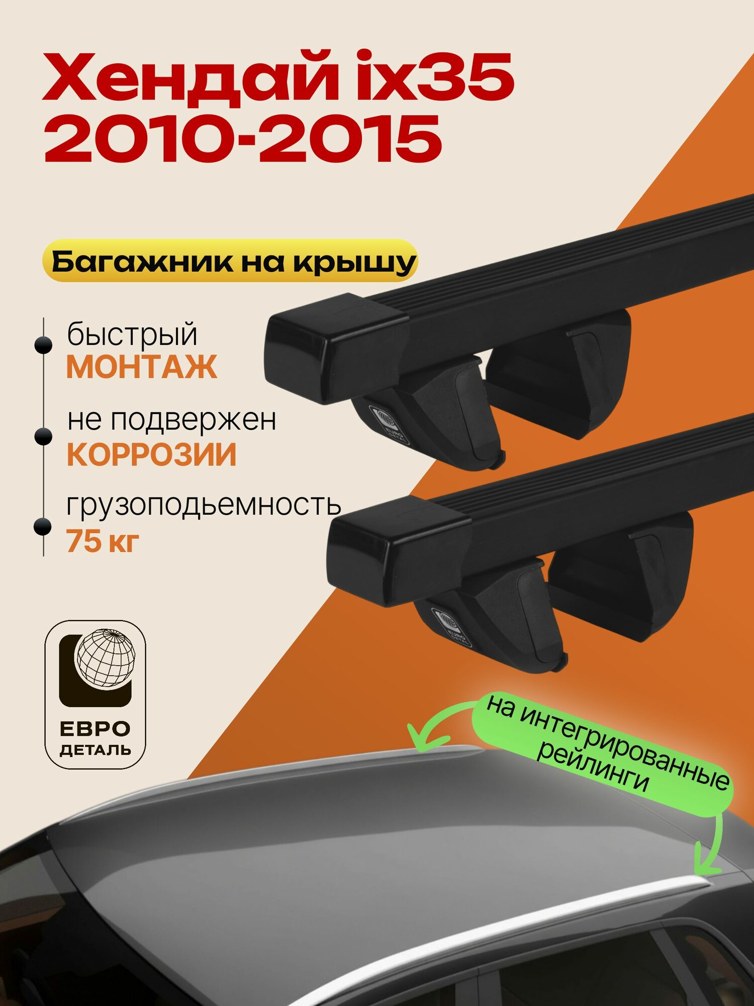 Багажник на крышу для Хендай ix35 2010-2015, прямоугольный (рейлинги без просвета), ЕвроДеталь Compact