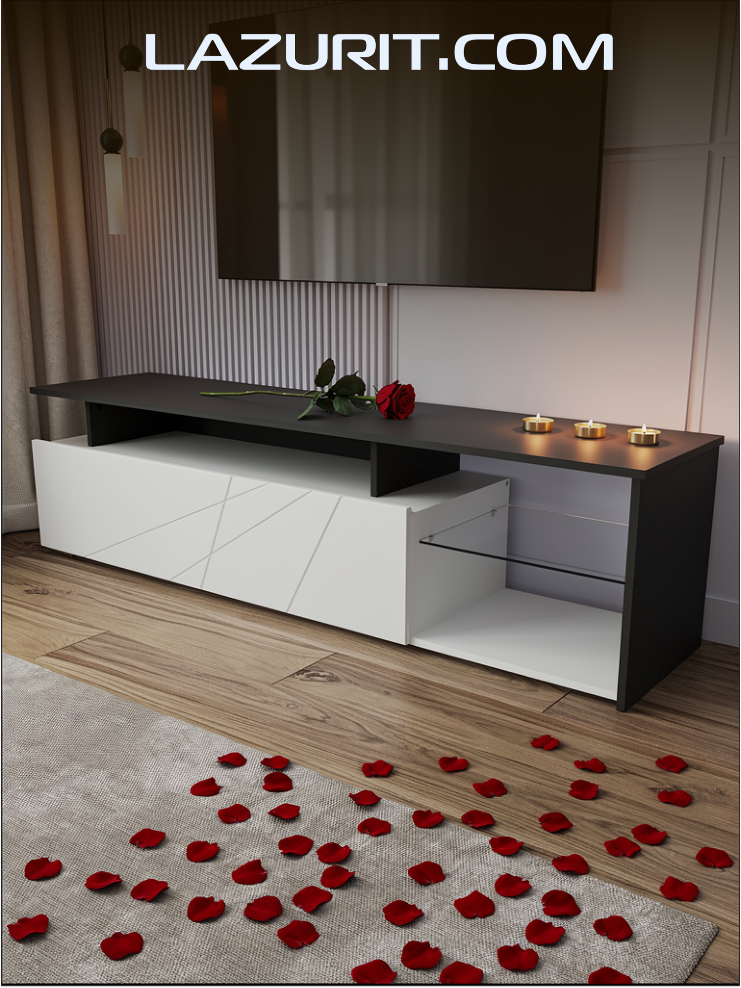 ТВ тумба под телевизор напольная Lazurit ARCTIC длинная узкая в гостиную белая/черная современная 170х45х42 см с ящиком