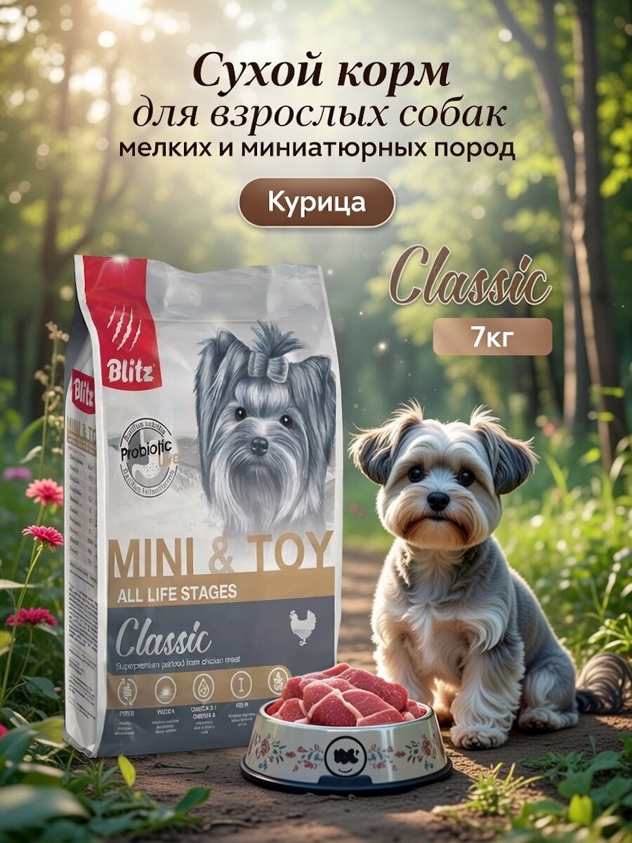 Сухой корм для собак Blitz Classic Mini & Toy для мелких и миниатюрных пород собак, курица 7 кг